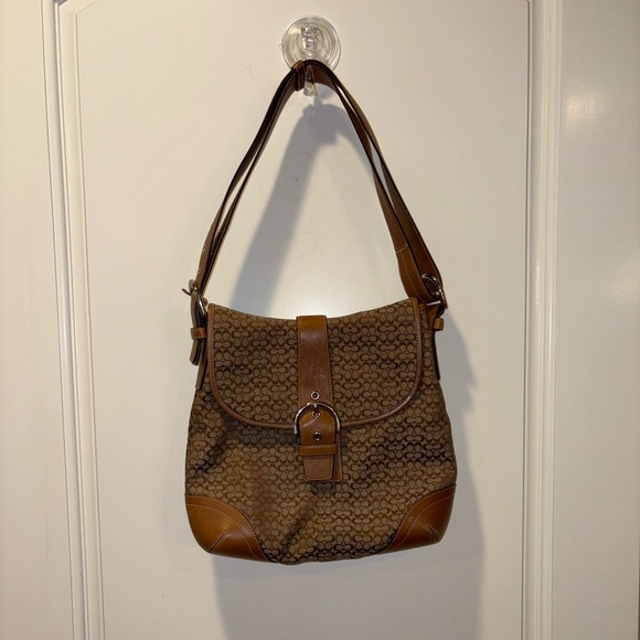 Coach | Bags | Coach Brown Logo Material Shoulder Bag With Leather Trim ...